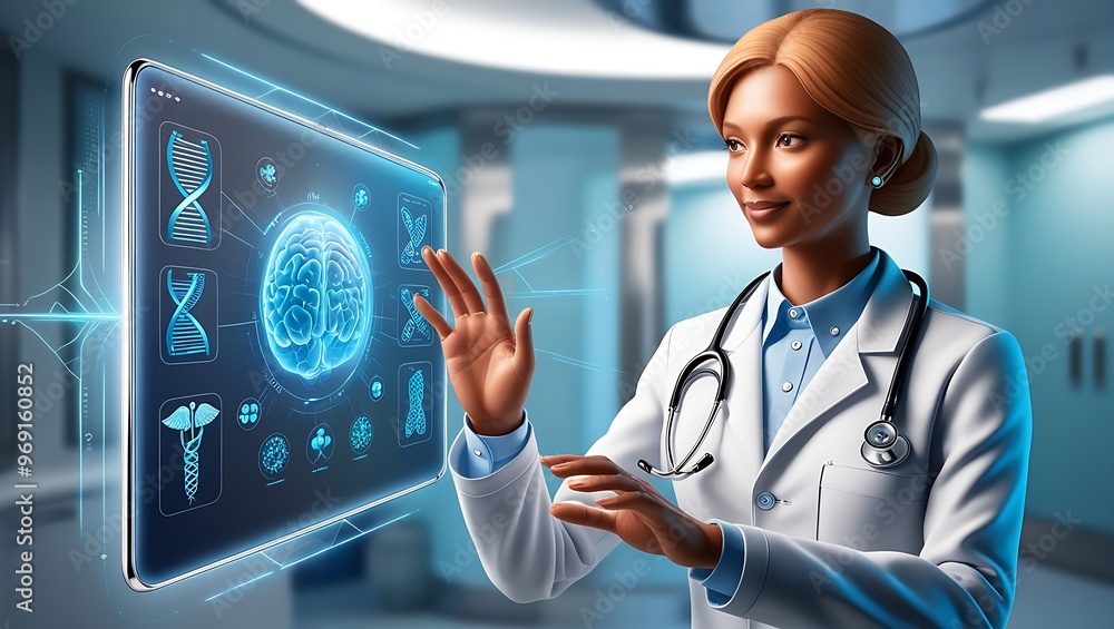 illustration of a male doctor in a white lab coat using a futuristic ...