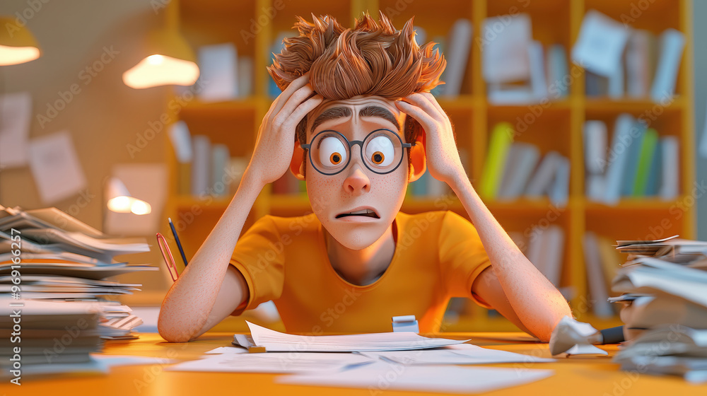 Stressed cartoon student overwhelmed by papers and assignments, showing ...