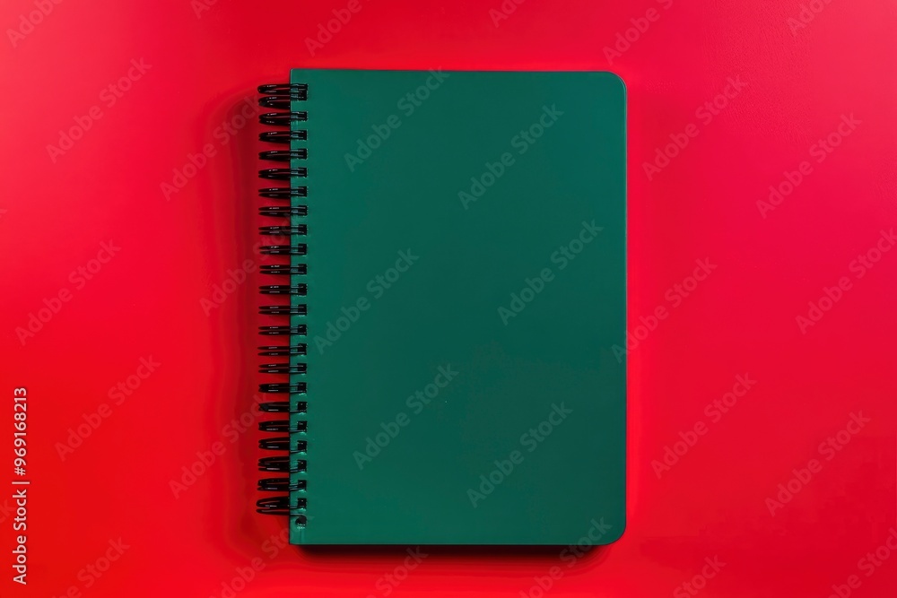 A spiral notebook is on a red background. The notebook is green and has ...