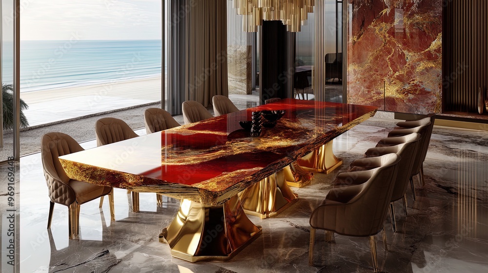 Elegant Dining Room with Artistic Gold and Red Table, Luxurious ...