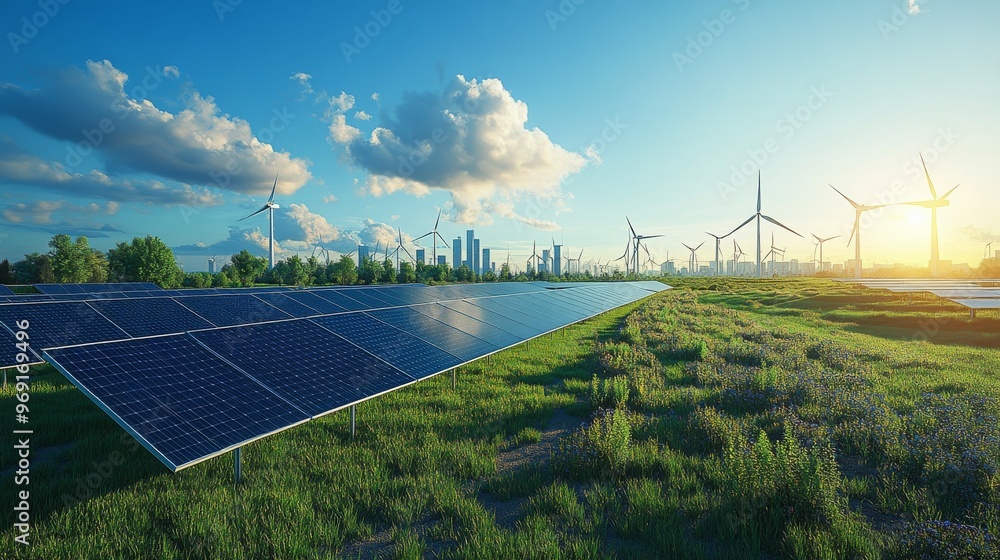 Futuristic AI-controlled renewable energy grids distributing solar and ...