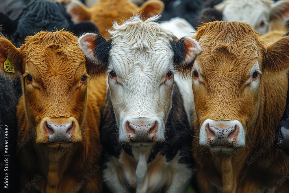 diverse herd of cows various breeds and colors standing together ...