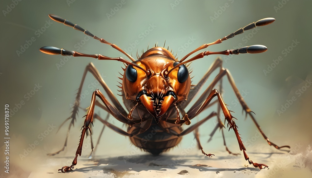 Calm yet menacing Fire Ant with prominent mandibles, antennae, and six ...