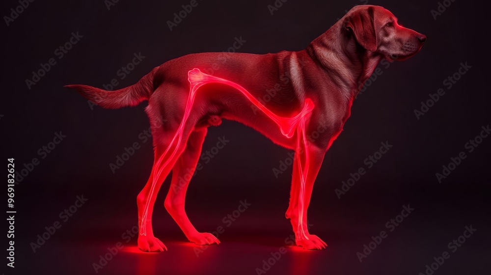 Dog's leg muscles illuminated in red, showcasing the tendons and ...