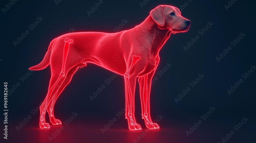 Dog's leg muscles illuminated in red, showcasing the tendons and ...