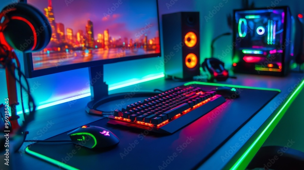 A competitive gaming setup with a mechanical keyboard, professional ...