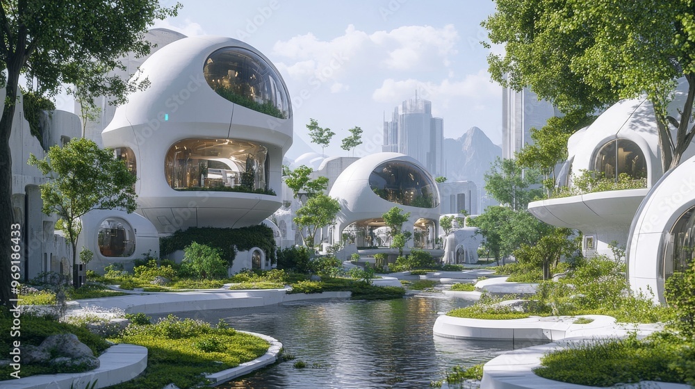 ภาพประกอบสต็อก Futuristic AI-controlled urban design systems creating ...