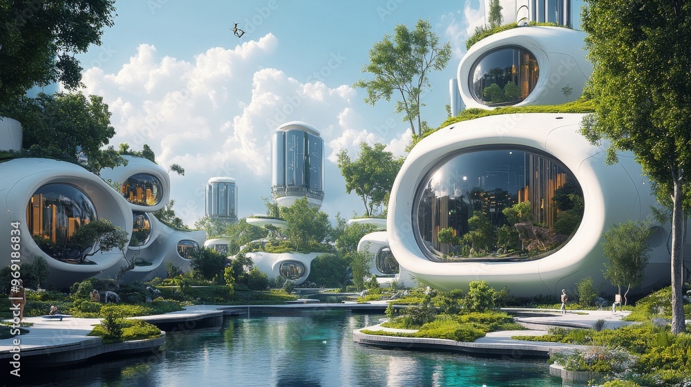 ภาพประกอบสต็อก Futuristic AI-controlled urban design systems creating ...