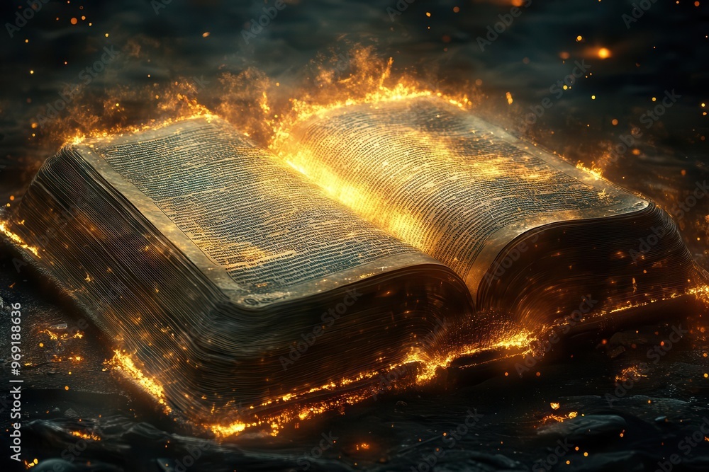 epic cinematic scene of an ancient bible dramatically opening to the ...