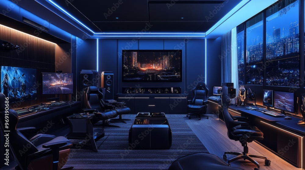 A luxurious gaming room with a home theater system, immersive gaming ...