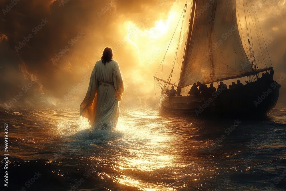 ethereal scene of jesus walking on water towards fishing boat soft ...