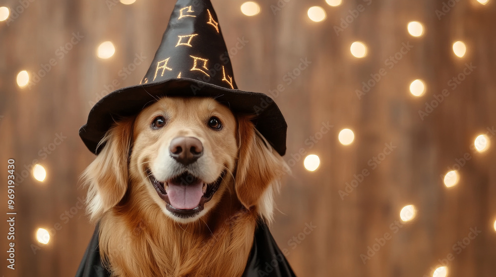 Golden retriever wearing wizard hat and cape, smiling joyfully against ...