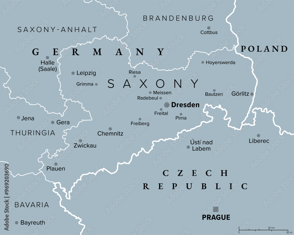 Saxony, a state in Germany, gray political map with capital Dresden ...