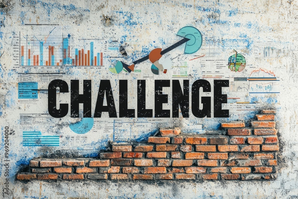 "CHALLENGE" in bold, black text, breaking through a brick wall with ...