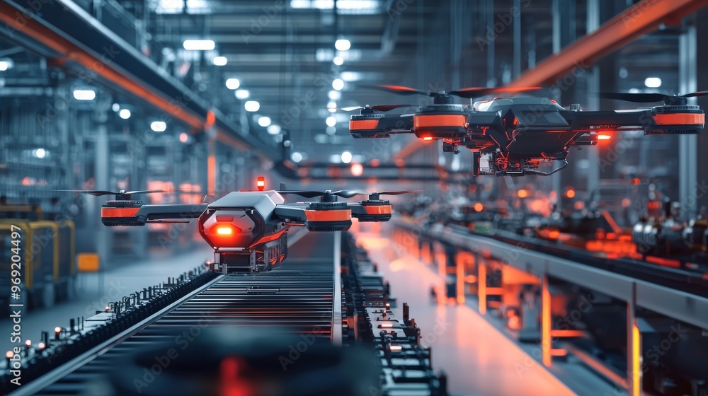 An expansive view of an automated factory, with autonomous drones ...