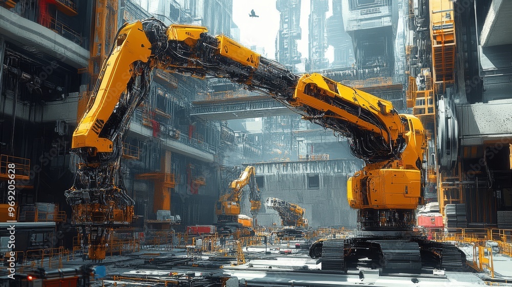 Futuristic AI-driven construction sites with autonomous robots building ...