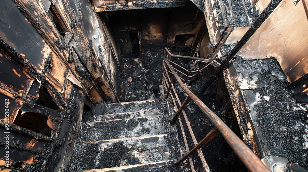 Burned interiors of an industrial building after a devastating fire ...