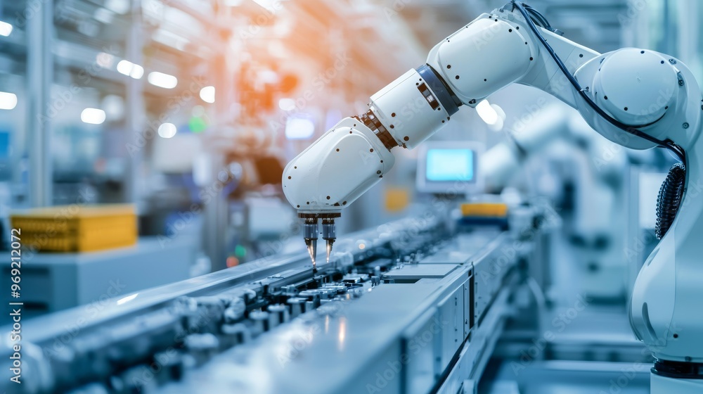 A modern factory with advanced AI managing the workflow of robotic ...