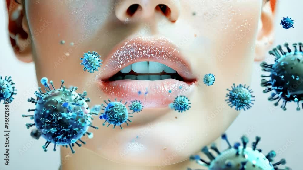 A woman's face is covered in blue and white bacteria. The bacteria are ...