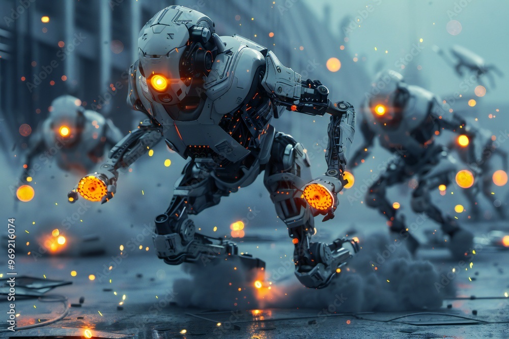 Cyberpunk robot wearing smart armor, battling robotic enemies, 3D render, created by ai Stock ...