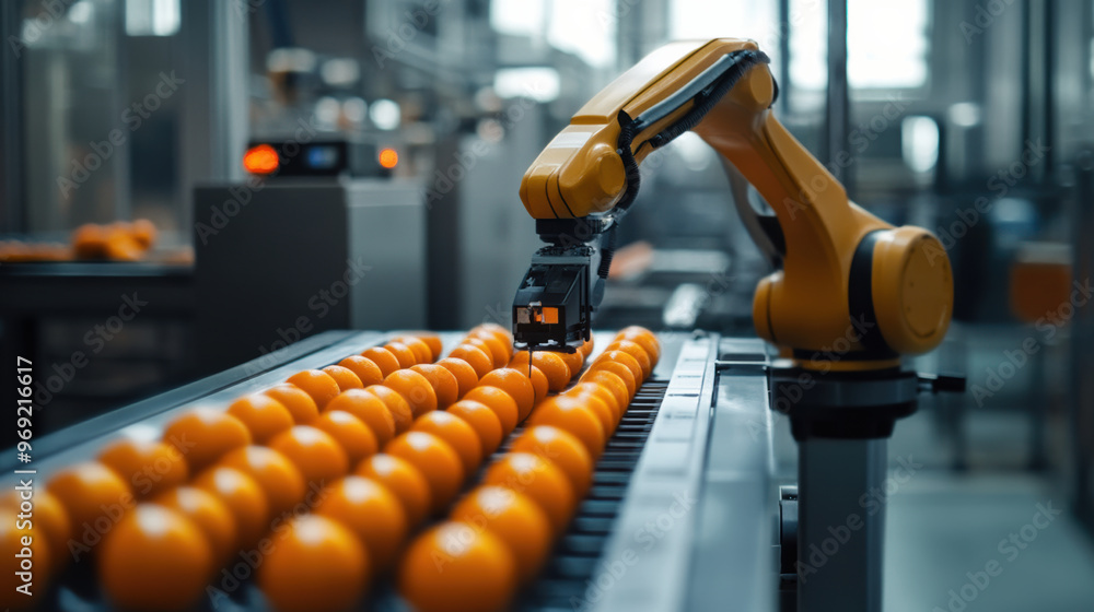 Automated robotic arm performing visual quality inspection on orange ...