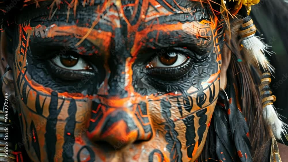 Indigenous warrior displays intricate face paint during ceremonial ...