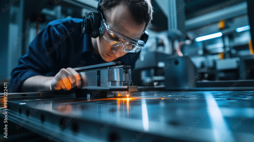 Technician checking product alignment with laser in manufacturing ...