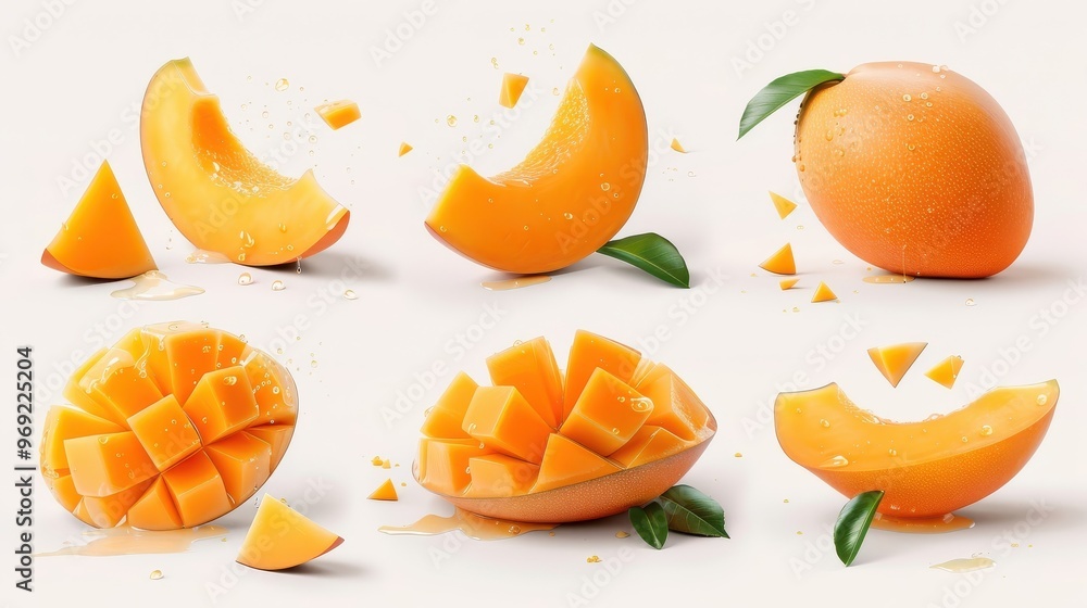 Variety of mango slices, each isolated on a white background ...