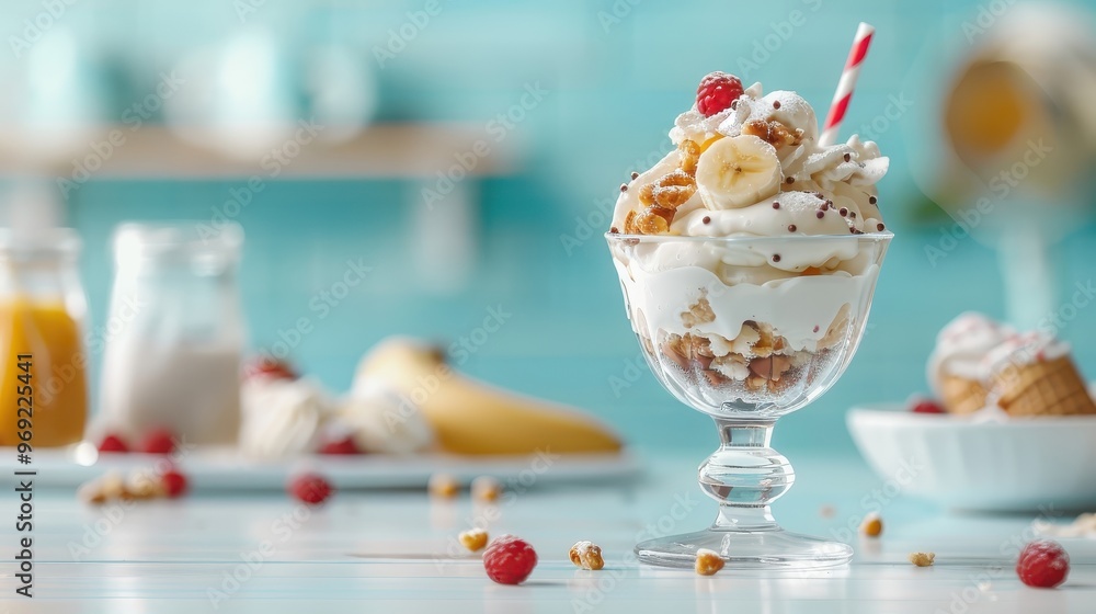 Banana split in a vintage sundae glass with toppings, set against a ...