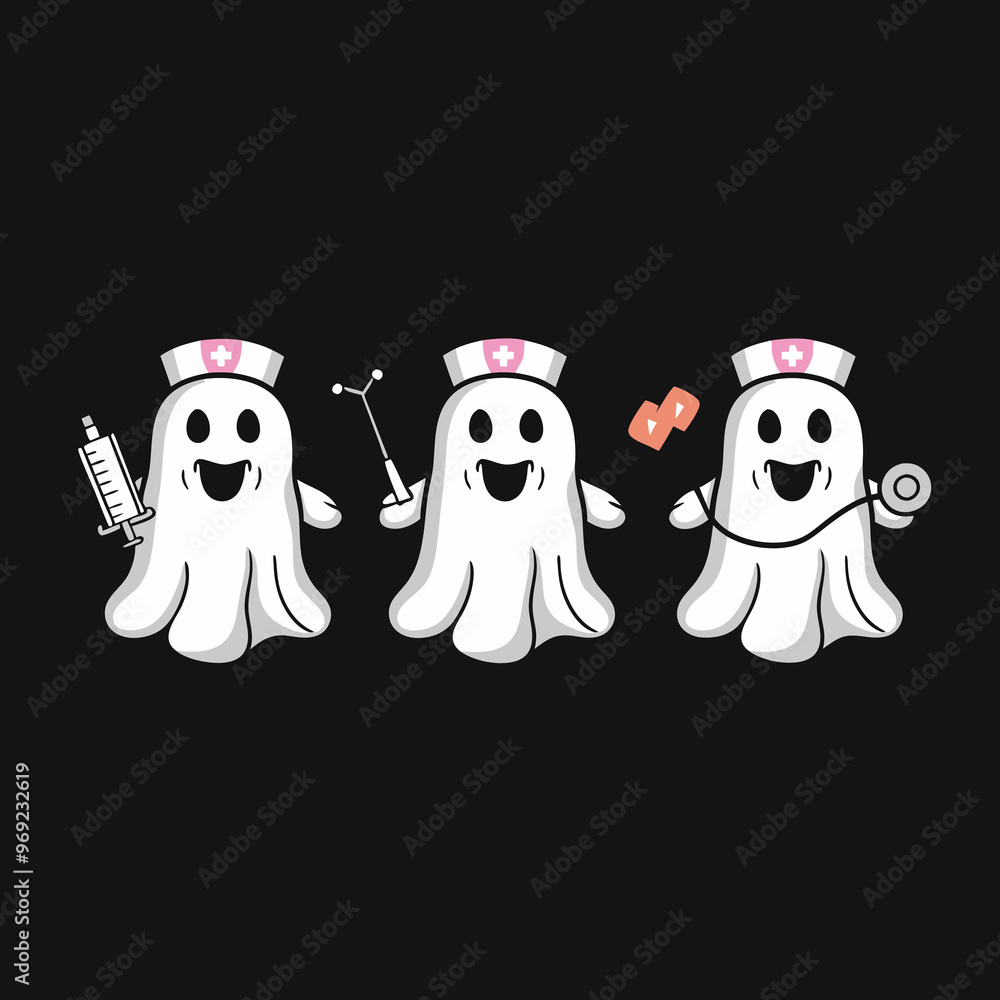 Three ghost characters dressed as nurses hold medical instruments ...