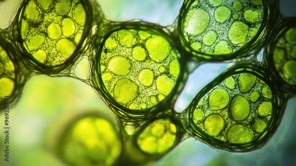A magnified image of plant cells with chloroplasts under a microscope ...