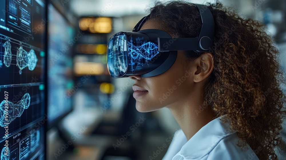 Researcher using a virtual reality interface to visualize protein ...