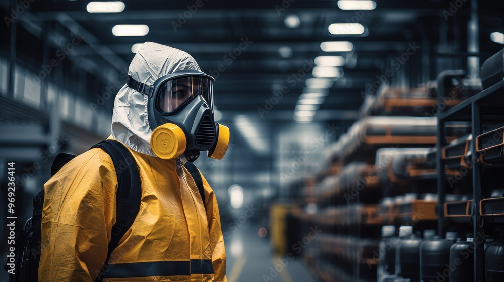 Chemical leak and safety first concept. Chemical specialist wear safety ...