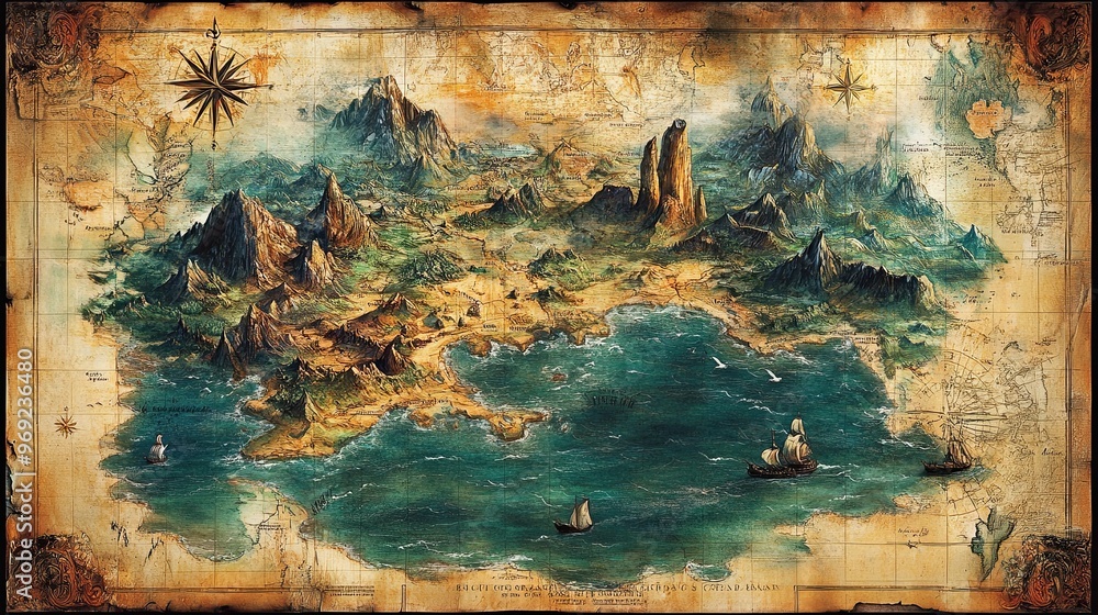 A detailed map of an uncharted island, with illustrations of hidden ...