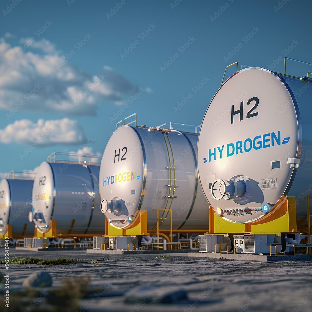 Detailed 3D model of large hydrogen storage tanks prominently labeled ...