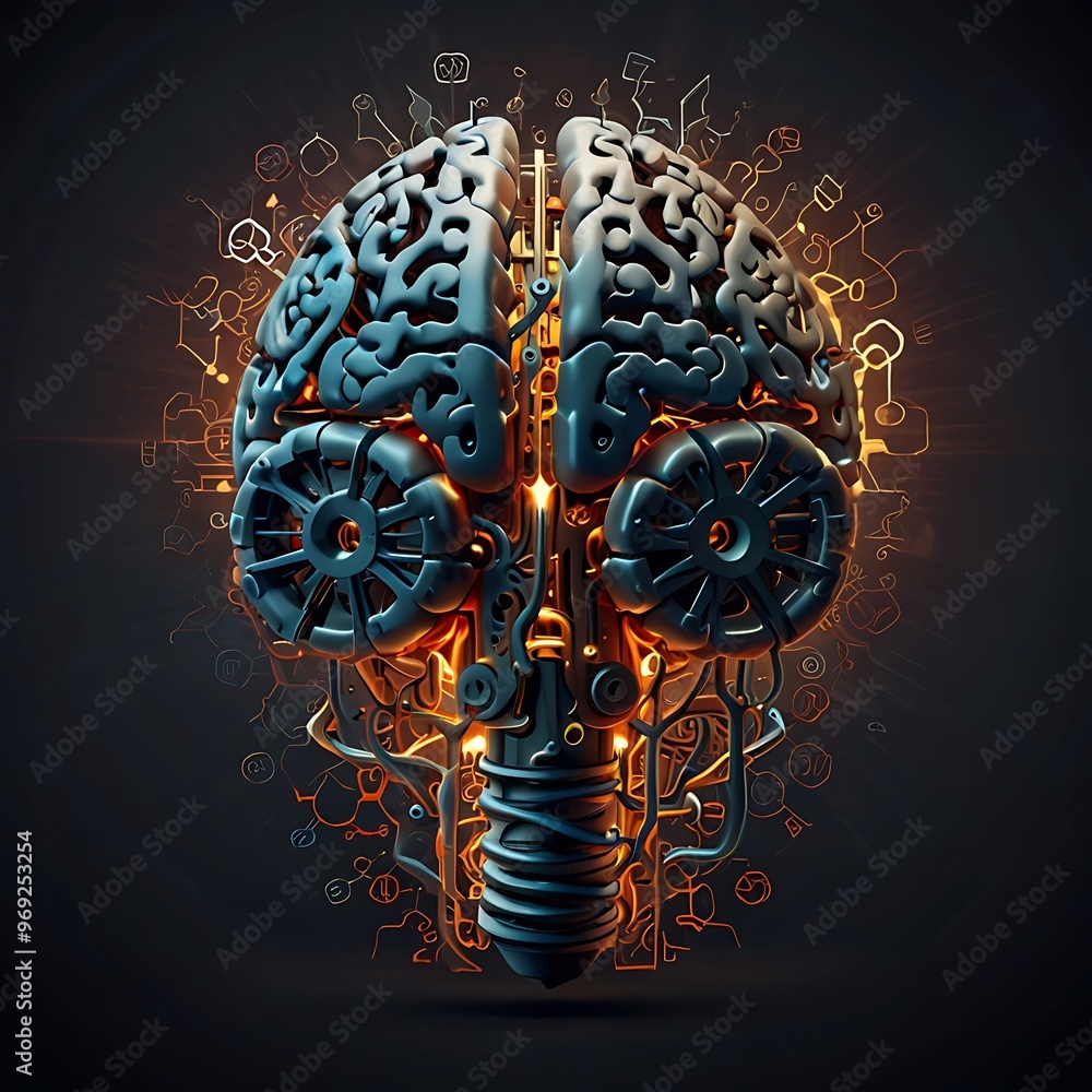 A human brain is depicted as the foundation of a towering structure ...