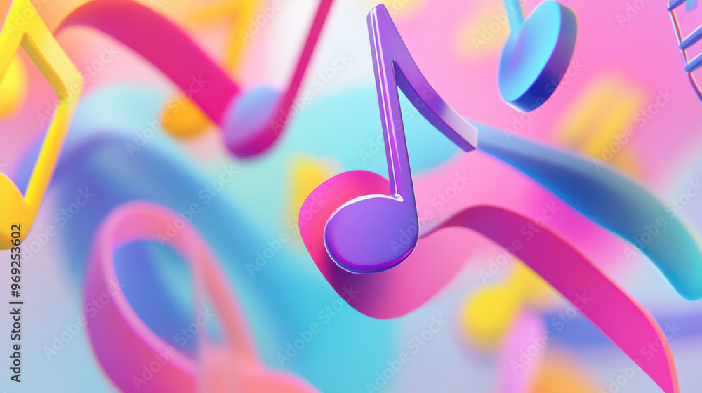 Holographic 3D music notes create an abstract shape, showcasing vibrant ...
