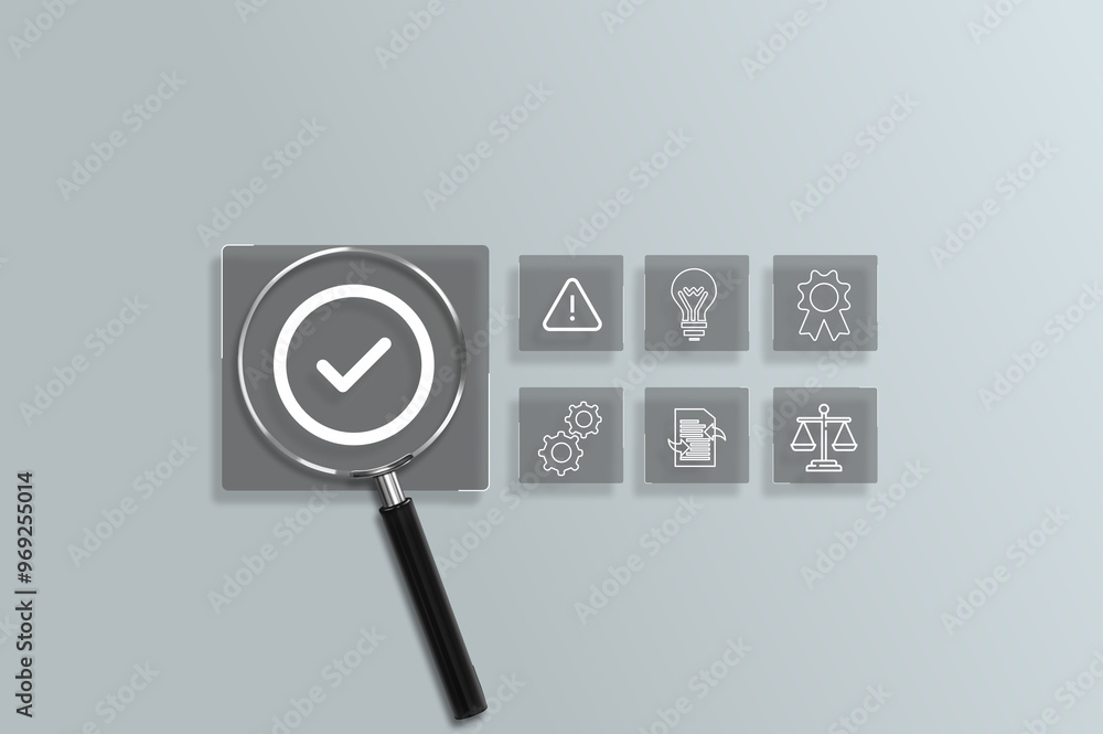 Magnifying glass focuses on Standard quality control certification ...