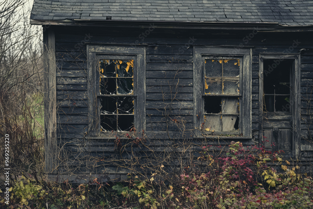 Eerie abandoned house with broken windows and overgrown plants Stock ...