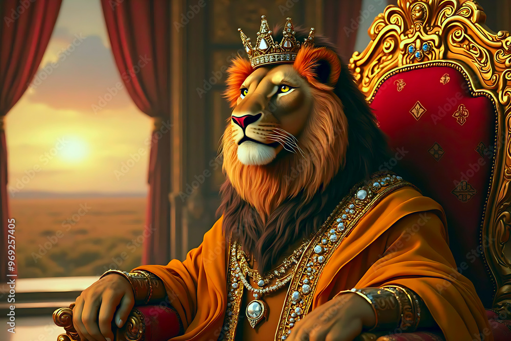Majestic lion wearing an elegant yellow golden crown on a royal throne ...