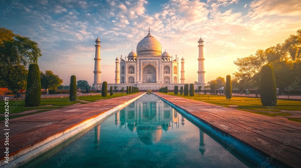 Stunning view of the Taj Mahal at sunrise. This iconic structure ...