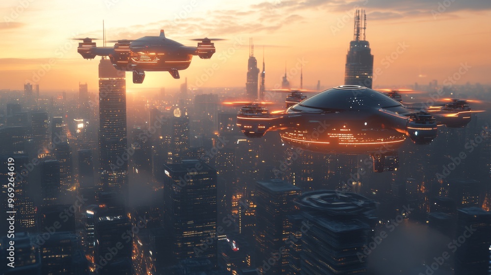 Futuristic AI-enhanced drone taxis in a smart city skyline: Flying ...