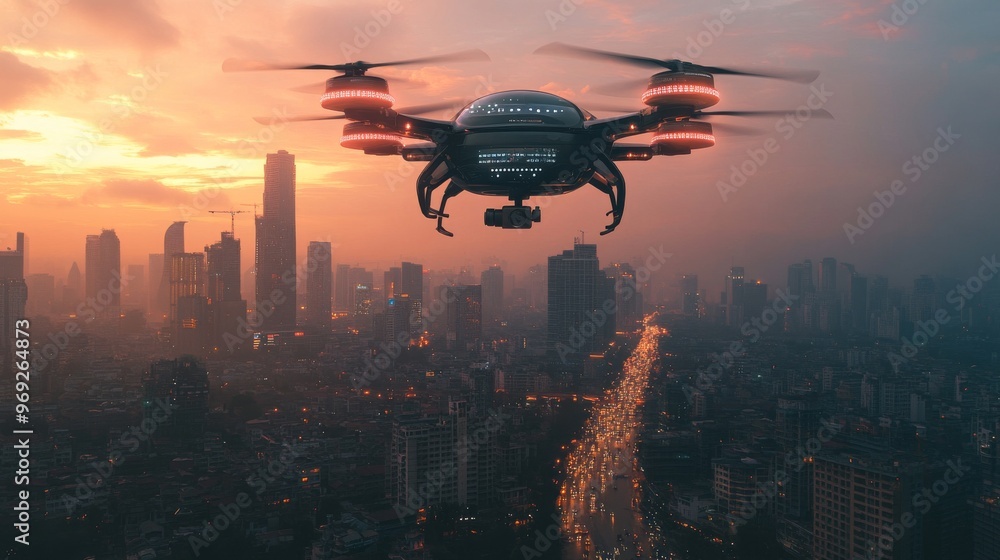 Futuristic AI-enhanced drone taxis in a smart city skyline: Flying ...