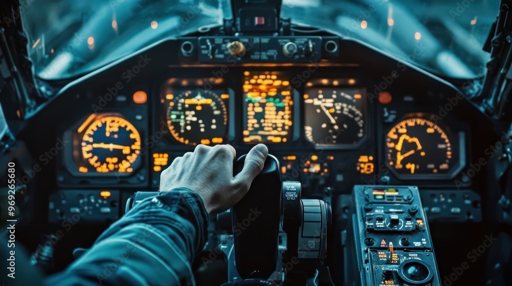 Cockpit view showcasing flight instruments and controls in an aircraft ...