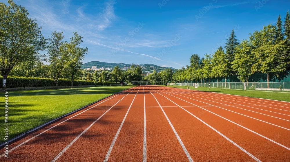 A well-prepared running track with marked lanes, offering a perfect ...