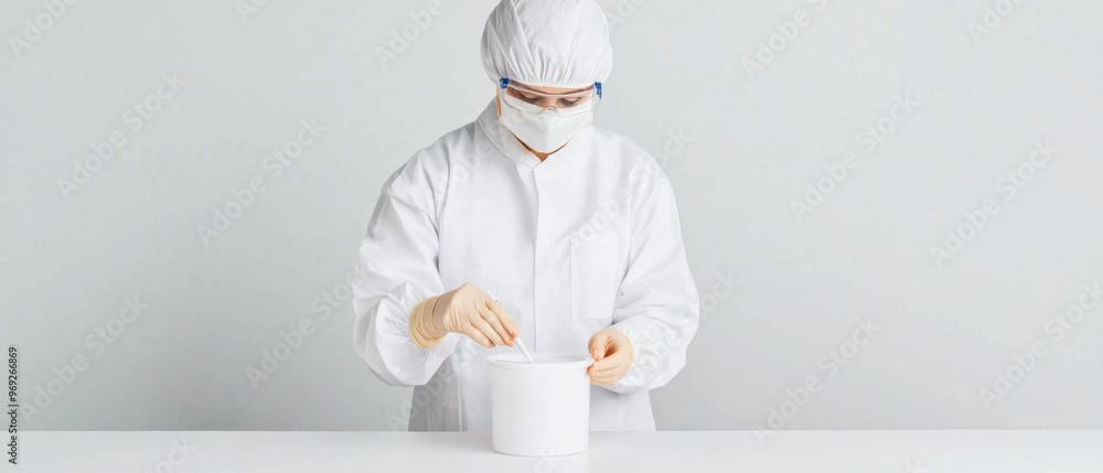 Worker conducting final product checks in a sterile lab environment ...
