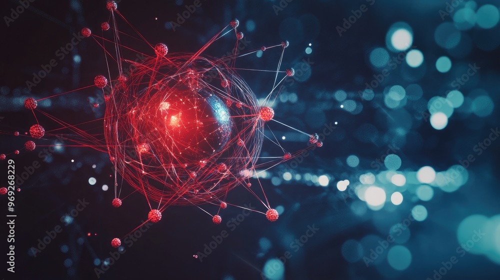 Abstract science illustration with a red atom and molecular connections ...