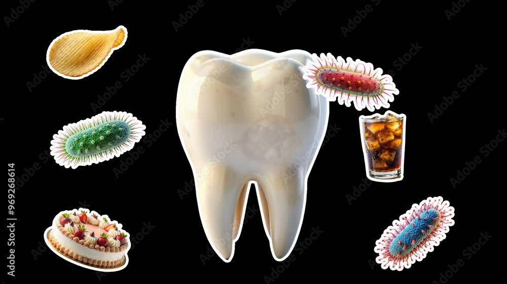 A healthy white human tooth appears, it is attacked by microbes and ...