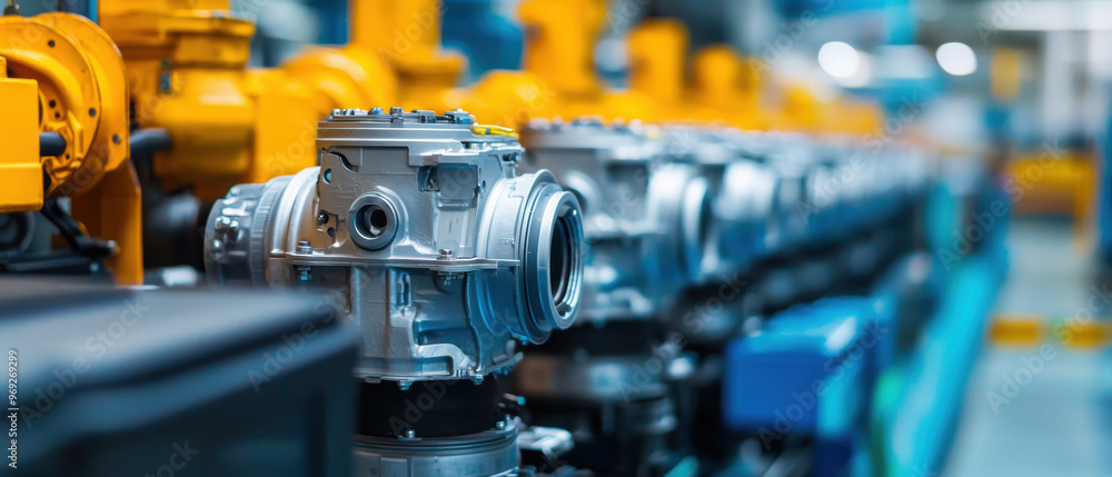 Worker conducting a visual inspection of automotive parts in a factory ...