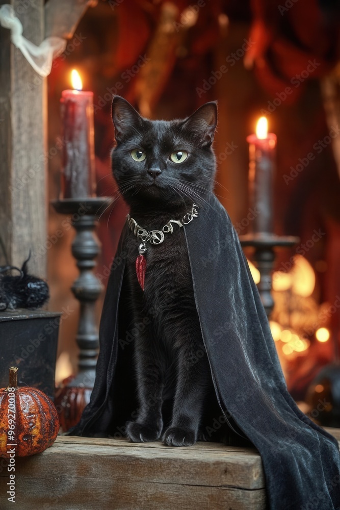 Cat in a vampire cape sitting in a haunted house setting, [vampire cat ...